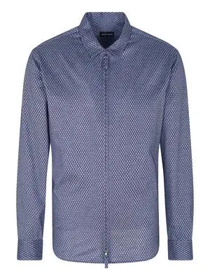 Giorgio Armani Slim-fit Zipped Shirt In Cotton With Flocked Geometric Motif - Blue