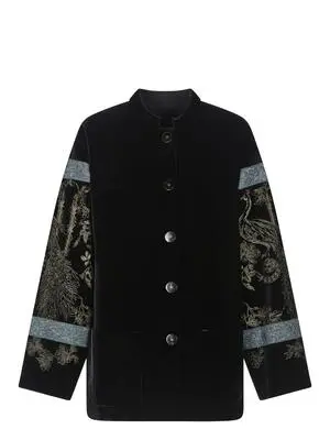 Giorgio Armani Embroidered Velvet Pea Coat - Black