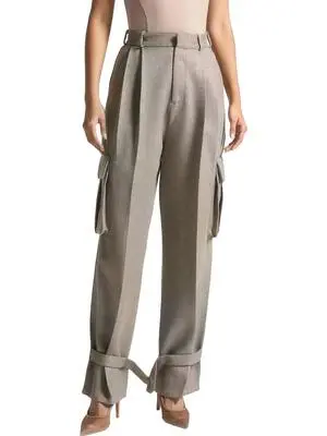 Manière De Voir Textured Pleated Cargo Tailored Wide-Leg Trousers Neutrals