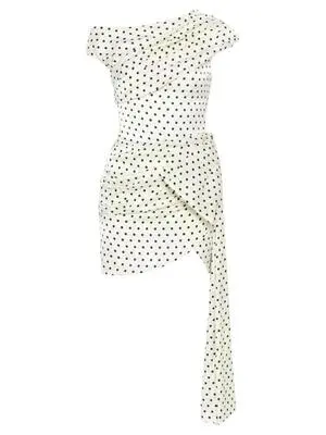 SELF-PORTRAIT Polka Dot Draped One-shoulder Mini Dress - Neutrals