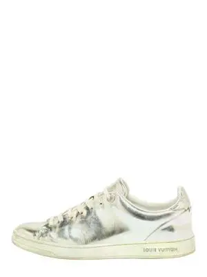 LOUIS VUITTON Metallic-leather Lace-up Sneakers - Grey