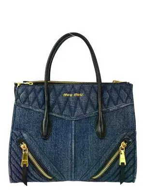 Miu Miu 2010s Quilted Denim Biker Handbag - Blue