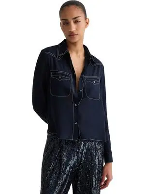 TWP Carter Silk Georgette Topstitch Shirt - Midnight