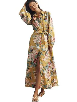 Maeve Mona Silken Maxi Shirt Dress - Yellow Pattern