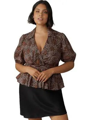 HUTCH Fowler Puff-sleeve Peplum Top - Brown Pattern