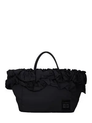 GANNI Nylon Shopper Bag With Ruffle Detail - Black