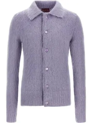 Gucci Brushed Mohair Blend Wool 'polo' Cardigan - Purple
