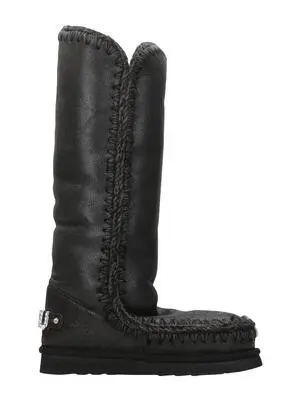 Mou Tall Sheepskin Boots With Crochet Detail - Black