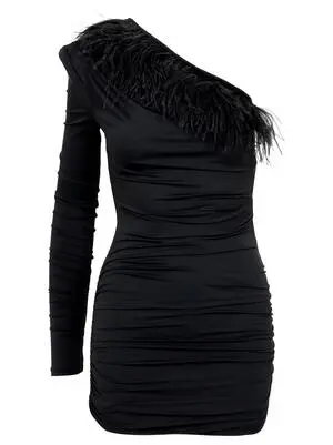 ANIYE BY Asymmetrical Single-sleeve Feathered Dress - Black