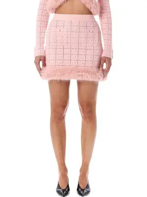 SELF-PORTRAIT Pointelle-knit Mini Skirt With Faux Fur Hem - Pink