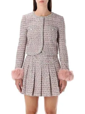 SELF-PORTRAIT Bouclé Jacket With Diamanté Chain Trims And Faux Fur Cuffs - Pink