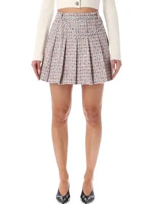 SELF-PORTRAIT Bouclé Mini Skirt With Crystal Chain Belt - Pink