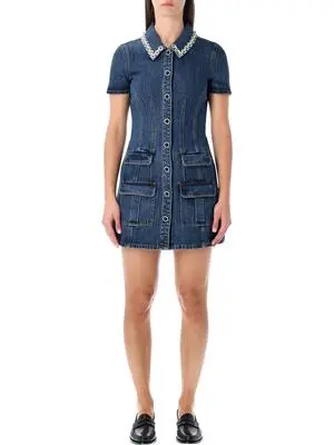 SELF-PORTRAIT Denim Mini Dress With Crystal Chain Collar - Blue