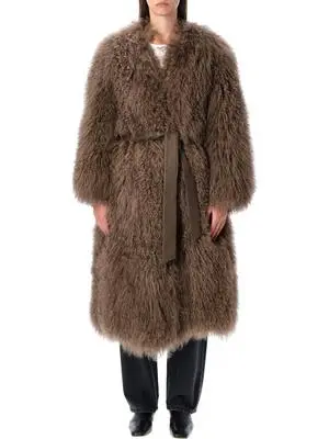 SWORD 6644 Genuine Mongolian Shearling Maxi Coat - Charcoal