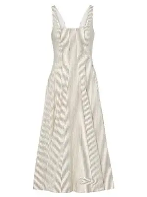 Staud Striped Pleated Cotton Midi Dress - White