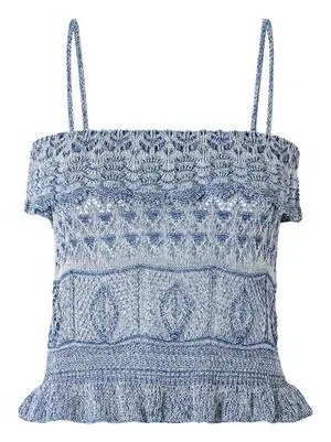 Etro Cropped Ruffled Pointelle-knit Cotton-blend Top - Blue