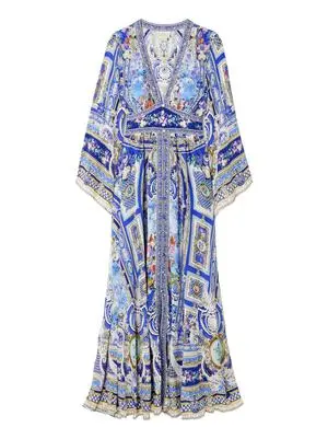 Camilla Crystal-embellished Shirred Printed Silk-chiffon Maxi Dress - Blue