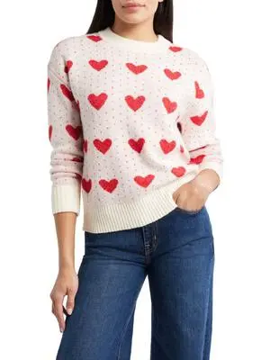 Caslon Jacquard Heart Crewneck Sweater - Ivory Pristine- Red Heart