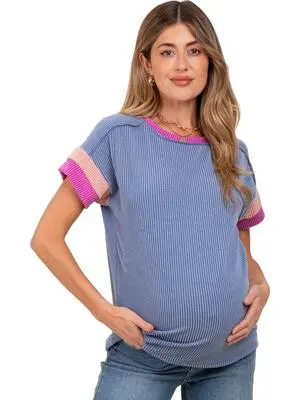 PINKBLUSH Ribbed Colorblock Detail Short Sleeve Top - Blue