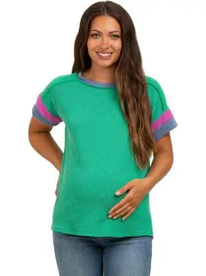 PINKBLUSH Ribbed Colorblock Detail Short Sleeve Top - Green