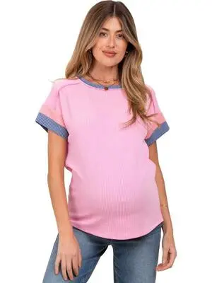 PINKBLUSH Ribbed Colorblock Detail Short Sleeve Top - Pink