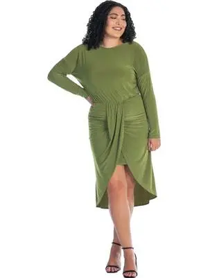 24SEVEN COMFORT APPAREL Tulip Skirt Knee-length Dress With Long Sleeves - Avocado
