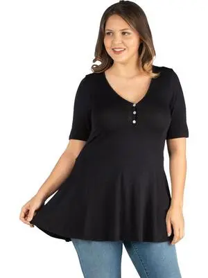 24SEVEN COMFORT APPAREL Elbow Sleeve Henley Tunic Top - Black