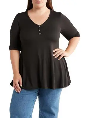 24SEVEN COMFORT APPAREL Three-button Tunic Top - Black