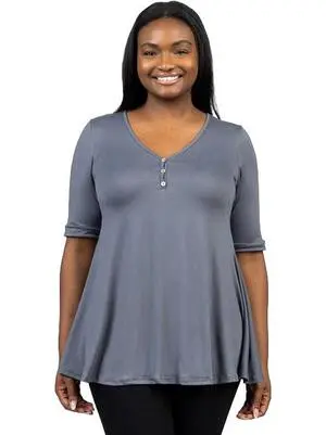 24SEVEN COMFORT APPAREL Elbow Sleeve Henley Tunic Top - Charcoal