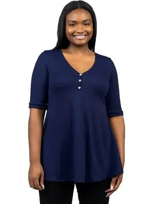 24SEVEN COMFORT APPAREL Elbow Sleeve Henley Tunic Top - Navy
