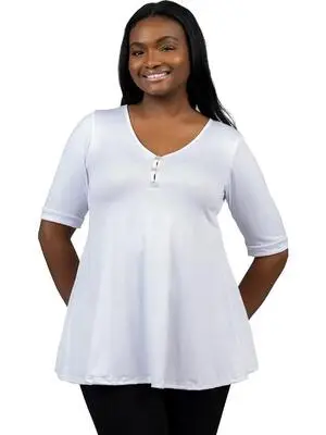 24SEVEN COMFORT APPAREL Elbow Sleeve Henley Tunic Top - White