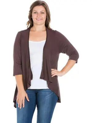 24SEVEN COMFORT APPAREL Elbow Length Sleeve Open Cardigan - Brown