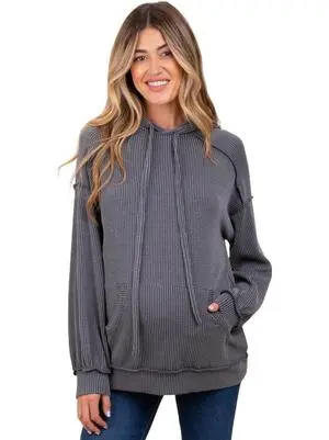 PINKBLUSH Ribbed Front Pocket Drawstring Hoodie Charcoal Grey
