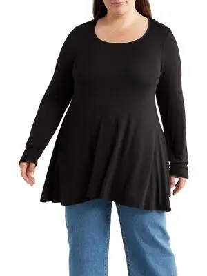 24SEVEN COMFORT APPAREL Long Sleeve Asymmetrical Tunic Top - Black