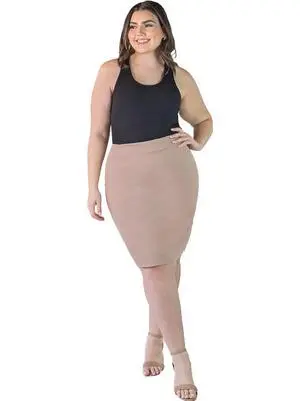 24SEVEN COMFORT APPAREL Elastic Waist Knee Length Pencil Skirt - Mocha