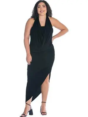 24SEVEN COMFORT APPAREL Cowl Neck Long Asymmetrical Backless Halter Dress - Black