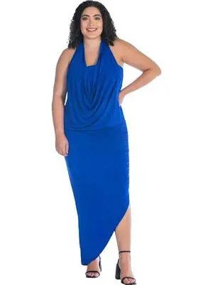 24SEVEN COMFORT APPAREL Cowl Neck Long Asymmetrical Backless Halter Dress - Royal