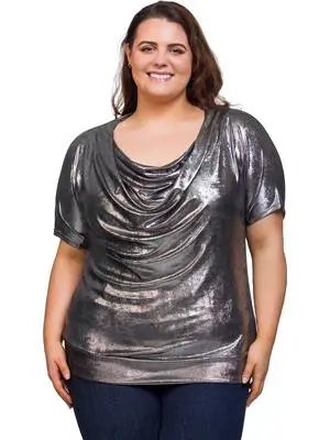 24SEVEN COMFORT APPAREL Cowl Neck Short Sleeve Top - Silver