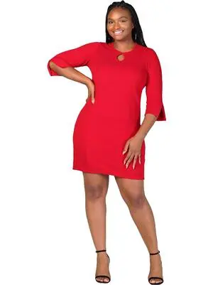 24SEVEN COMFORT APPAREL Keyhole Three Quarter Sleeve Mini Dress - Ruby