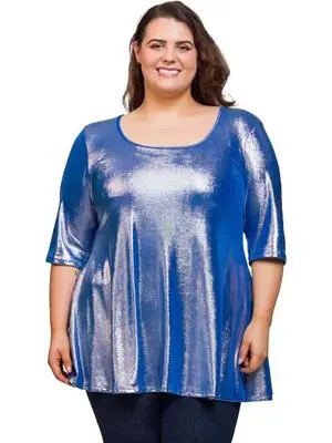 24SEVEN COMFORT APPAREL Metallic Scoop Neck Flared Tunic Top - Blue