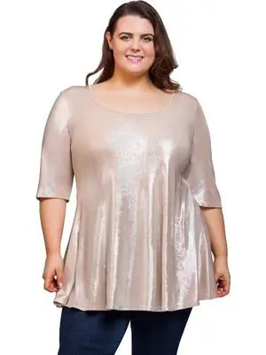 24SEVEN COMFORT APPAREL Metallic Scoop Neck Flared Tunic Top - Nude