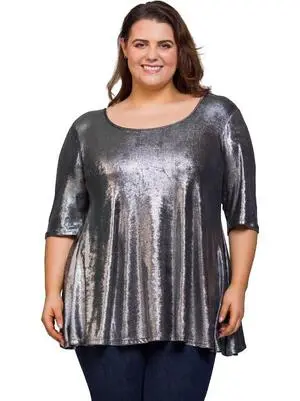 24SEVEN COMFORT APPAREL Metallic Scoop Neck Flared Tunic Top - Silver