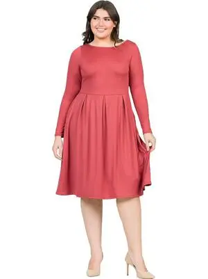 24SEVEN COMFORT APPAREL Long Sleeve Fit And Flare Midi Dress - Brick