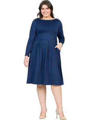 24SEVEN COMFORT APPAREL Long Sleeve Fit And Flare Midi Dress - Navy
