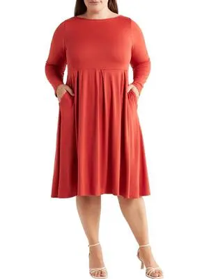 24SEVEN COMFORT APPAREL Fit & Flare Long Sleeve Jersey Midi Dress - Rust