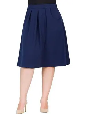 24SEVEN COMFORT APPAREL Elastic Waist Pleated Knee Length Skirt - Navy
