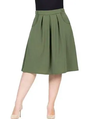24SEVEN COMFORT APPAREL Elastic Waist Pleated Knee Length Skirt - Olive