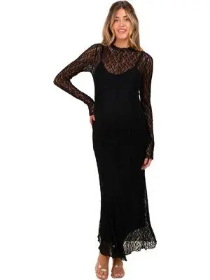 PINKBLUSH Lace Mock Neck Long Sleeve Maternity Maxi Dress - Black
