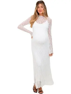 PINKBLUSH Lace Mock Neck Long Sleeve Maternity Maxi Dress - White