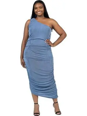 24SEVEN COMFORT APPAREL One-shoulder Ruched Bodycon Dress - Denim